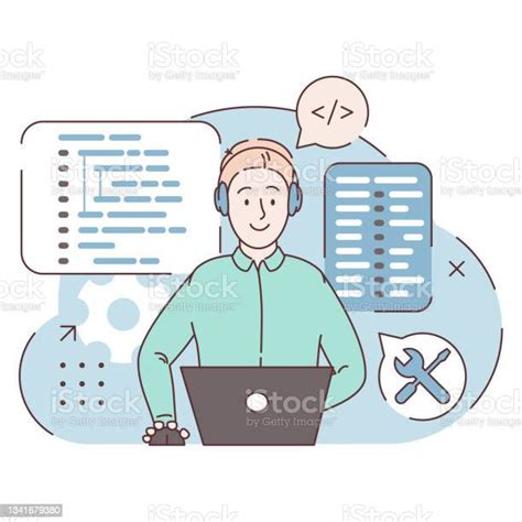 스크립트 코딩 프로그래밍의 개념 프로그래밍 언어입니다 컴퓨터에서 웹 개발에 종사하는 프로그래머 소프트웨어 개발자 프로그래머의 직장 플랫 일러스트레이션 Annual