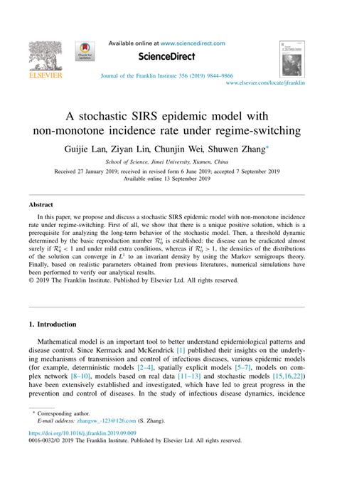 Pdf A Stochastic Sirs Epidemic Model With Non Monotone Incidence Rate