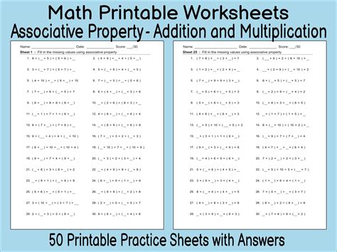 Math Worksheets 50 Associative Property Addition And Multiplication
