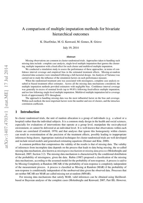 Pdf A Comparison Of Multiple Imputation Methods For Bivariate Hierarchical Outcomes