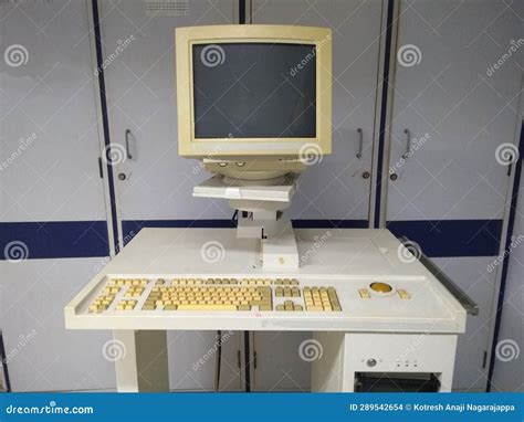 Old Antique Piece Of Computer Crt Monitor And Keyboard Front View Stock