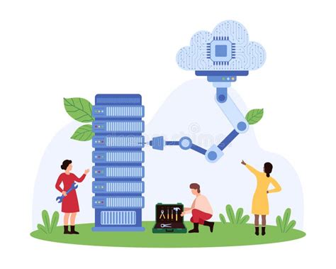 Cloud Computing On Online Server Tiny People Work With Infrastructure And Access To Data Stock