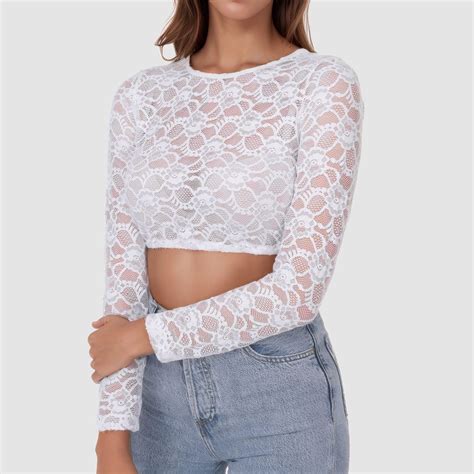Jobturf Crop Tops For Women See Through Sheer Long Sleeve Shirts Spring