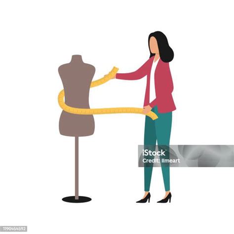 센티미터를 가진 여성 디자이너는 바느질 옷마네킹의 크기를 측정합니다 개인 재단사 패션 디자이너 재봉사 아틀리에 노동자 흰색 배경에 격리된 플랫 벡터 그림입니다 공예 제품에