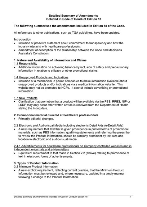The Medicines Australia Code Of Conduct Summary Of The Changes Included In Edition PDF