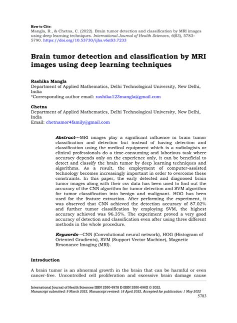 PDF Brain Tumor Detection And Classification By MRI Images Using Deep Learning Techniques