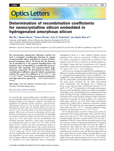 Pdf Determination Of Recombination Coefficients And Spectral