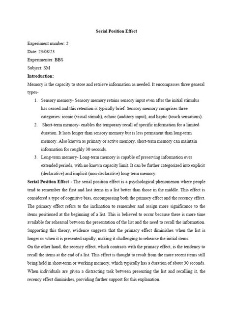 serial position effect pdf memory recall memory