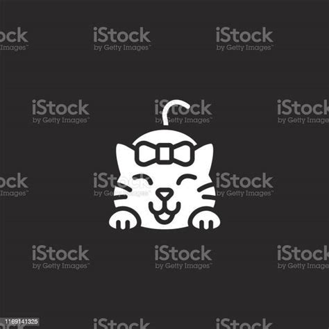 해피 아이콘 웹 사이트 디자인 및 모바일 응용 프로그램 개발을위한 행복 아이콘을 가득 검은 배경에 고립 된 채워진 고양이 아바타 컬렉션에서 행복 아이콘 고객에 대한 스톡