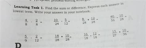 find the sum or difference express each answer in lowest term write your answer in your