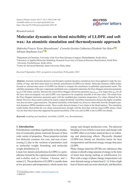 Pdf Molecular Dynamics On Blend Miscibility Of Lldpe And Soft Wax An Atomistic Simulation And
