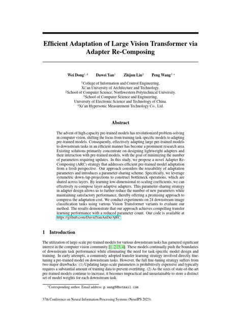 Efficient Adaptation Of Large Vision Transformer Via Adapter Re Composing Paper Conference Pdf