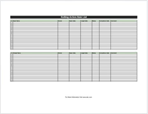 Rolling Action Item List Templates Word Templates