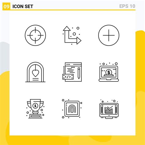 User Interface Pack Of 9 Basic Outlines Of Web Coding Circle Wedding Love Editable Vector Design