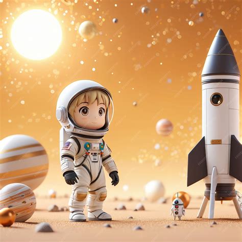 Premium Photo Little Boy In Space Suit Standing Next To Rocket
