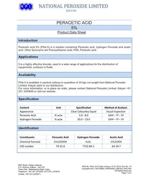 Peracetic Acid 5 Product Data Sheet Docslib