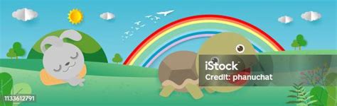 거북이와 토끼 거북이와 래빗이 승리 하기 위해 함께 경주 평면 스타일은 배경에 고립 종이 예술와 디지털 공예 스타일 벡터 일러스트 거북이에 대한 스톡 벡터 아트 및 기타