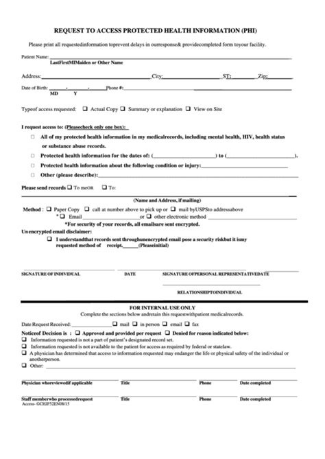 Request To Access Protected Health Information Phi Form Printable Pdf