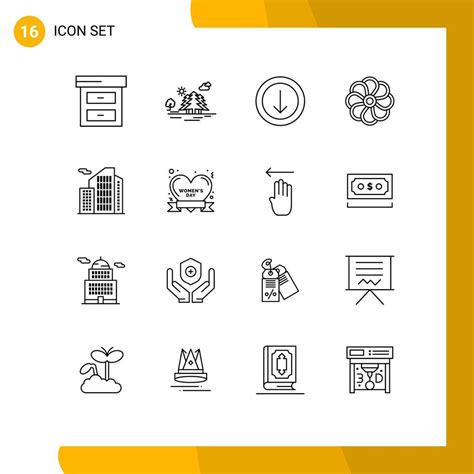Mobile Interface Outline Set Of 16 Pictograms Of Real Building Arrow Spring Nature Editable