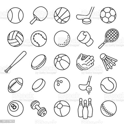 볼 스포츠 라인 아이콘 축구 테니스 배드민턴 축구 야구 복싱을 위한 장비 개요 얇은 선형 게임 로고 벡터 세트 럭비 스포츠에 대한 스톡 벡터 아트 및 기타 이미지 Istock