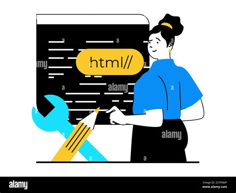 Web Development Concept With Character Situation Woman Creates Layout Interface And Doing Html