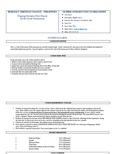 Ched Course Syllabus Intro To Philo Pdf Teaching Method Cognitive Science