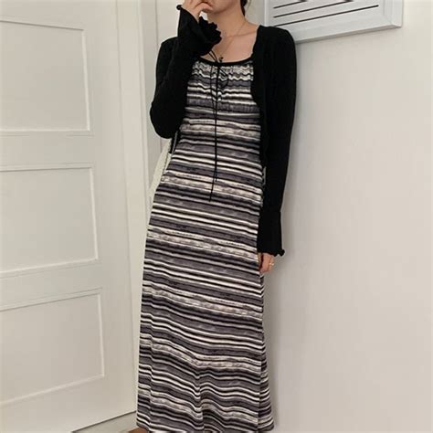 포스티 코디세트숄 크롭 가디건스트라이프 서스펜더 롱원피스 세트 Jr128926