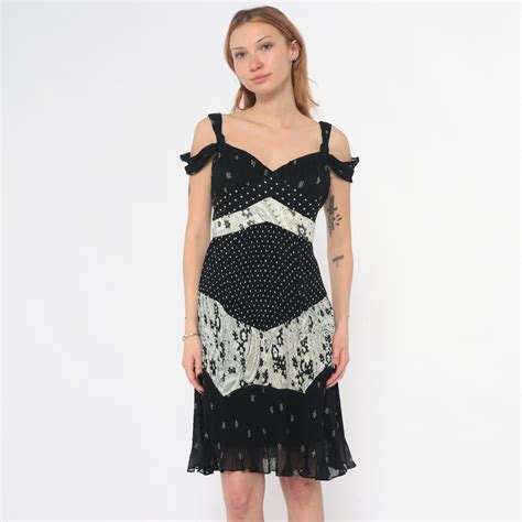 Y2k Mini Dress Black Polka Dot Mixed Print Off Shoulder Ruffle Sleeve