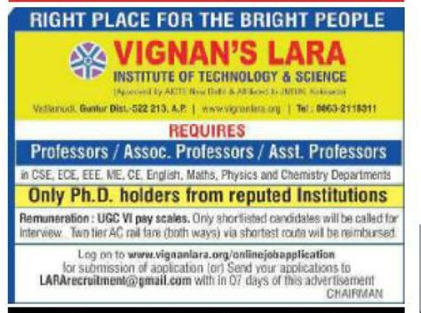 Vignans Lara Institute Of Technology And Science Guntur Wanted