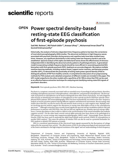 Pdf Power Spectral Density Based Resting State Eeg Classification Of First Episode Psychosis