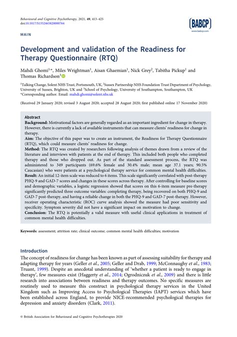 Pdf Development And Validation Of The Readiness For Therapy Questionnaire Rtq