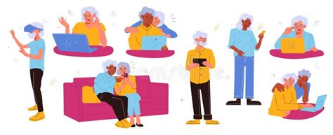Modern Senior People Gadgets Happy Elderly Characters With Different