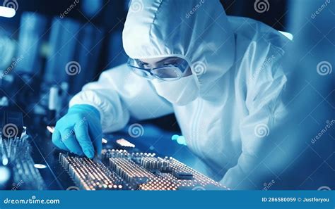 Scientist In Coveralls Working On A Processor Chip In A Laboratory Scientist In Coveralls Working On A Processor Chip In A Laboratory