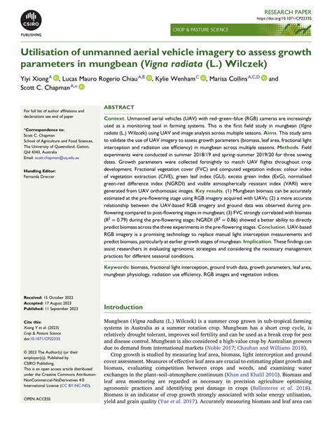 Pdf Utilisation Of Unmanned Aerial Vehicle Imagery To Assess Growth Parameters In Mungbean