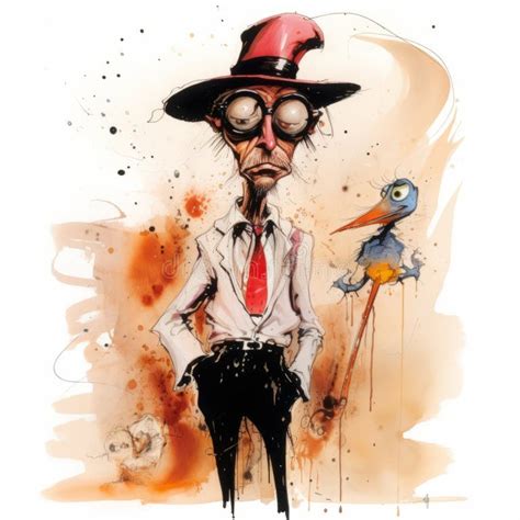Enigmatic Cartoon Character With Bird On Hat A Ralph Steadman Inspired Portrait Stock Image