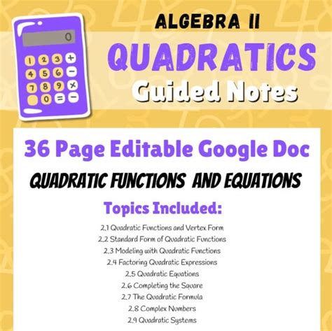 Quadratic Functions And Equations Algebra Ii Editable Notes Lessons