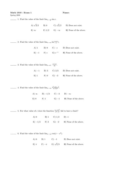 Answer For Exam 1 Questions Calculus I Math 1910 Docsity
