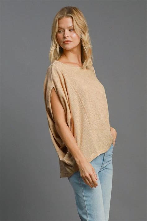 Mqtime Umgee Exposed Seam Round Neck Batwing Sleeve Knit Top Tan
