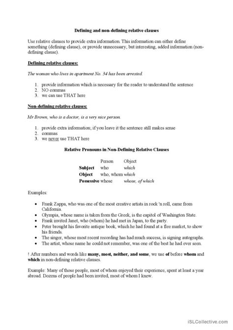 Defining And Non Defining Relative C English ESL Worksheets Pdf Doc