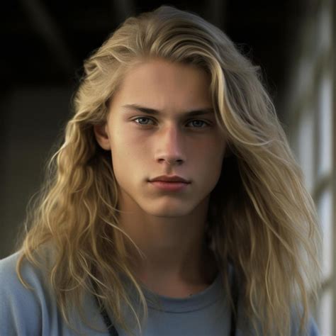 Premium Photo A Man With Long Blonde Hair And A Blue Shirt With A
