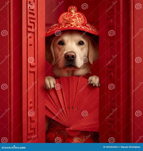 Cute Kitten Wearing Chinese Costume With Cap Holding A Chinese Red Traditional Fan Stock Image