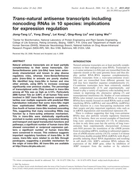 Pdf Trans Natural Antisense Transcripts Including Noncoding Rnas In 10 Species Implications