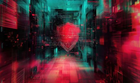 Digital Security Shield In Abstract Cyber Environment With Glowing Lines And Data Streams Stock