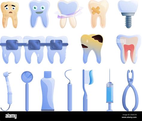 Tooth Restoration Icons Set Cartoon Set Of Tooth Restoration Vector
