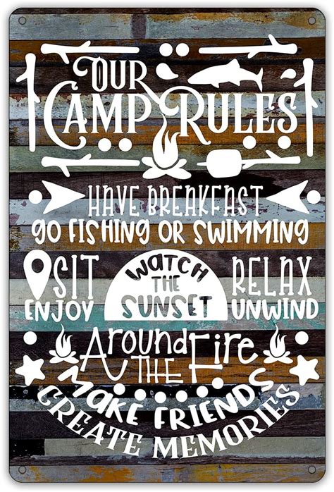 Qiongqi Funny Our Camp Rules Metal Tin Sign Wall Decor Farmhouse Rustic Camping