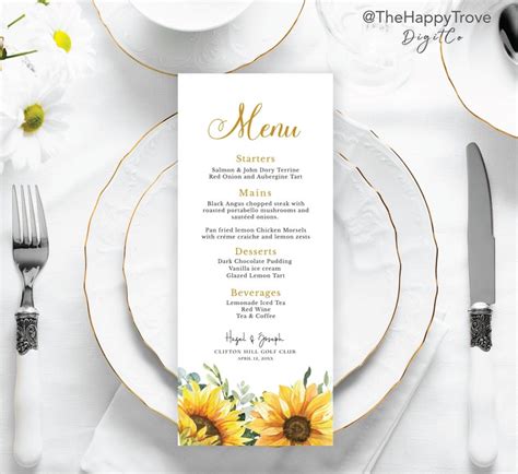 Sunflower Menu Editable Digital Instant Download Template 3 75x9 4