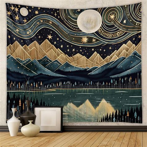 Tapzen Mountain Forest Tapestry Boho Landscape Moon Stars