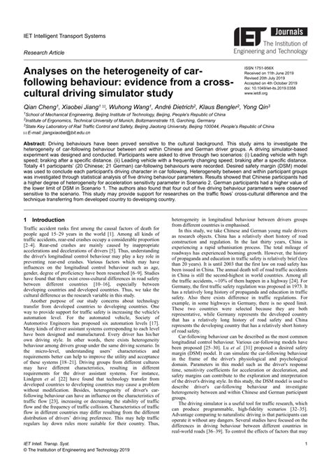 Pdf Analyses On The Heterogeneity Of Car Following Behaviour Evidence From A Cross Cultural