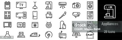 가전 웹 아이콘 진공 청소기 커피 머신 식기 세척기 게임 콘솔 데스크탑 컴퓨터 벡터 인 라인 스타일 아이콘 일러스트레이션에 대한 스톡 벡터 아트 및 기타 이미지 Istock