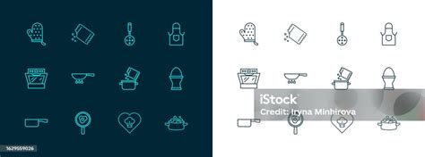 세트 라인 주방 앞치마 계란 프라이팬 요리 냄비와 향신료 요리사 모자 튀김 불 주걱 오븐 장갑 및 후추 아이콘 패킷 벡터 달걀에